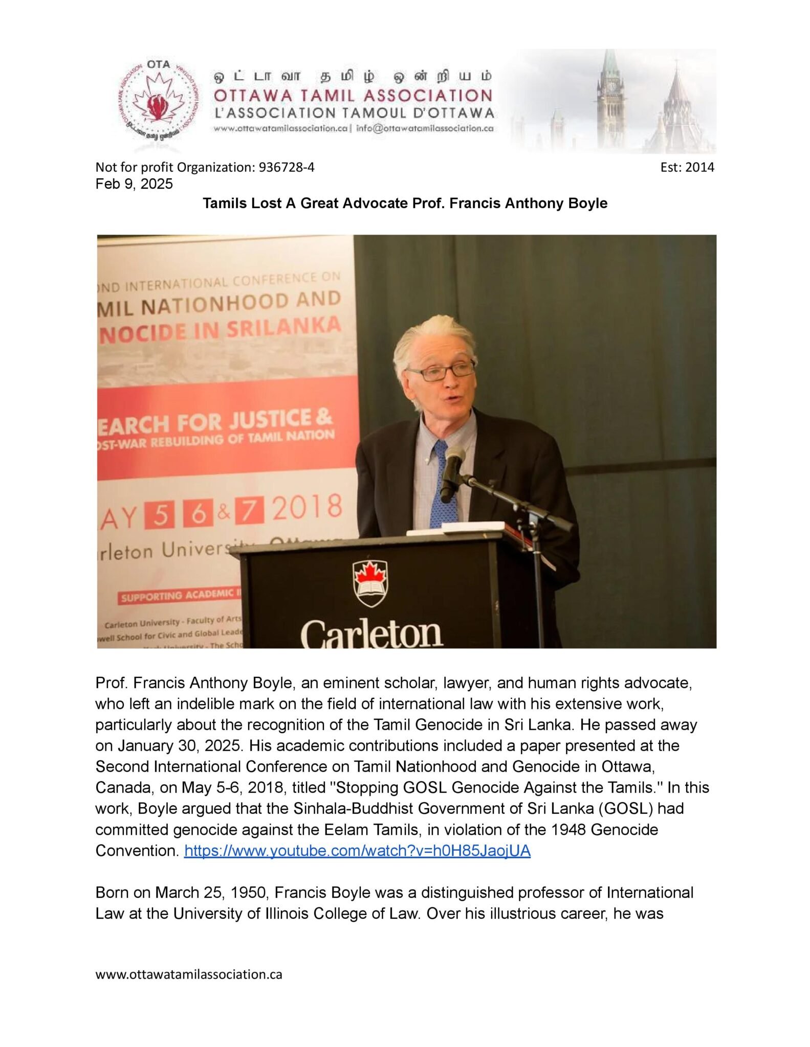 Tamils Lost A Great Advocate Prof. Francis Anthony Boyle – Ottawa Tamil ...
